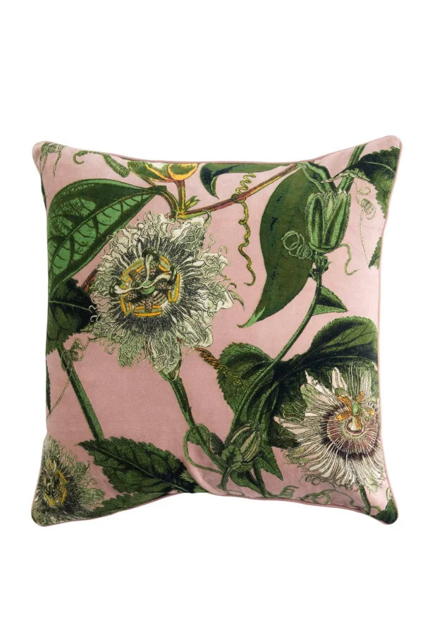 One Hundred Stars Kew Passion Flower Pink Velvet Square Cushion - Gowns ...